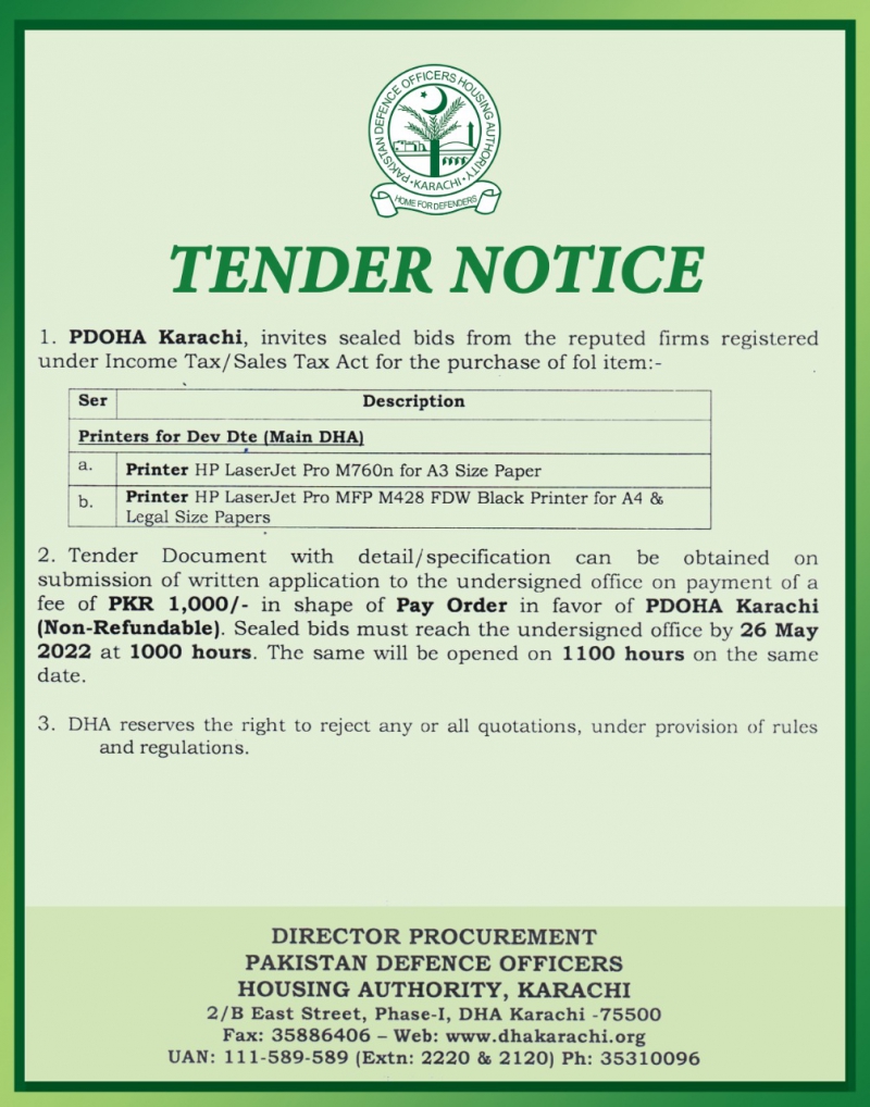 13 May Tender Notice – Printer – DHA Karachi