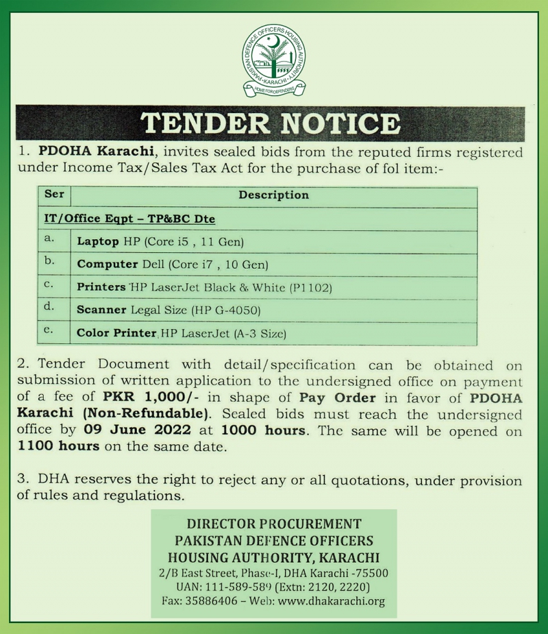 Tender Notice – Laptops, Computers, Printers, Scanner and Color Printer ...