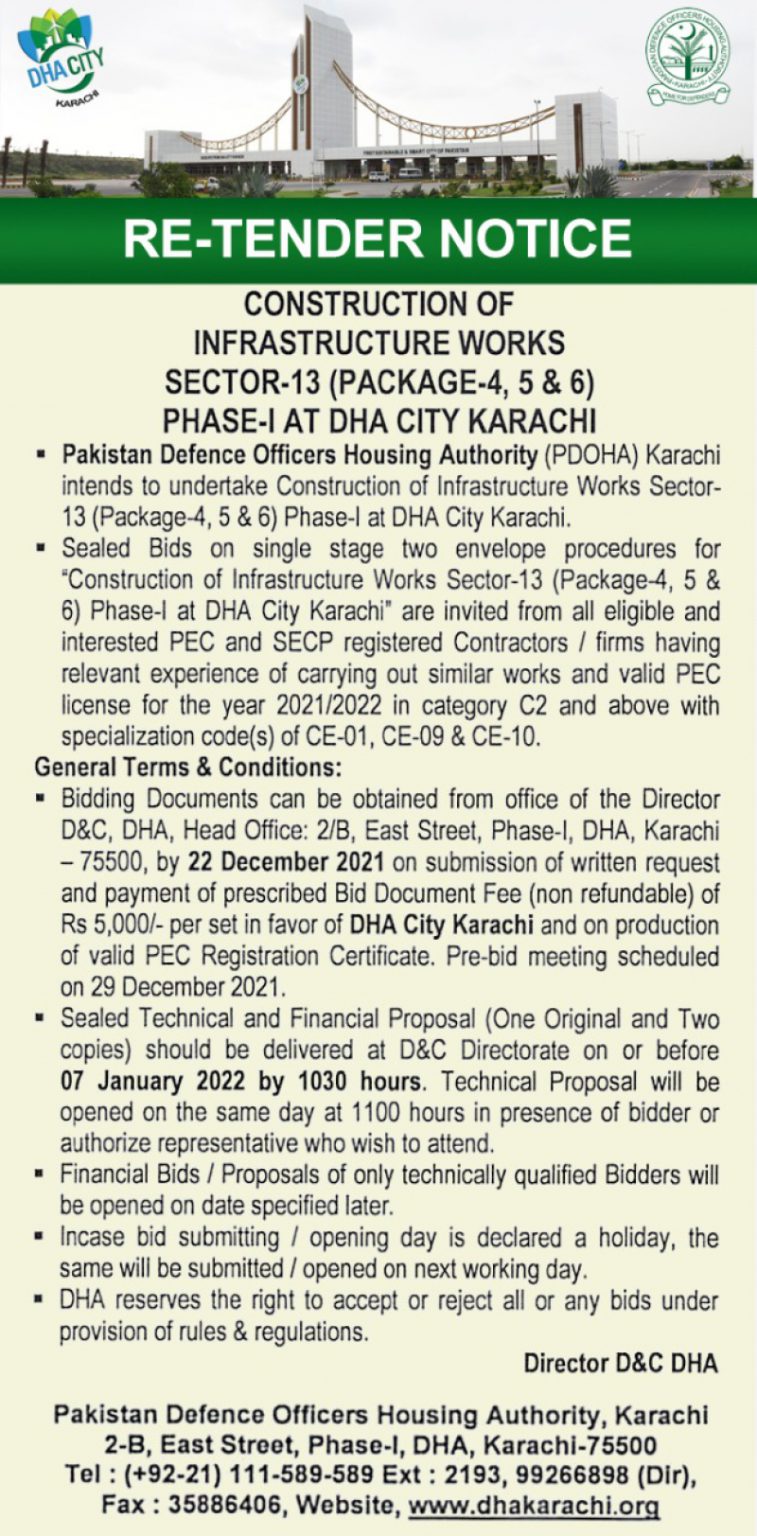 Re Tender Notice – Construction of Infrastructure Works Sector-13 (Package-4,5 &6) Phase-1 DHA ...