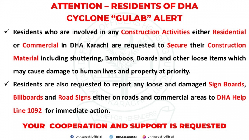 Attention – Resident of DHA Cyclone Gulab Alert – DHA Karachi