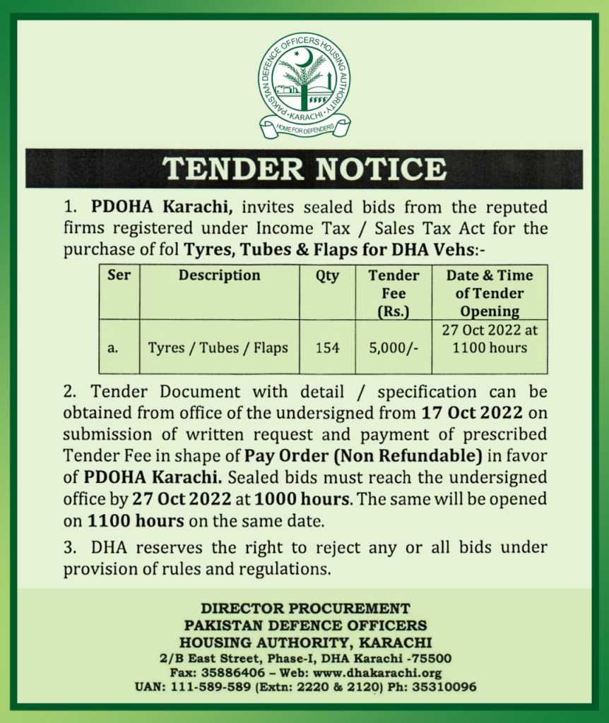 Tender Notice – Tyres, Tubes and Flaps – DHA Karachi