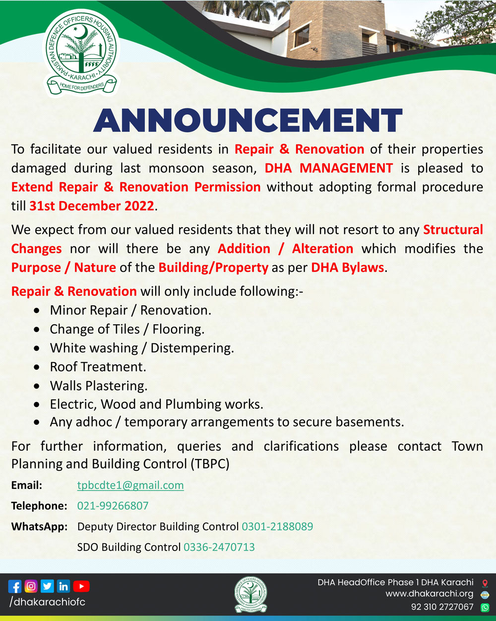 Announcement for DHA Resdients – DHA Karachi