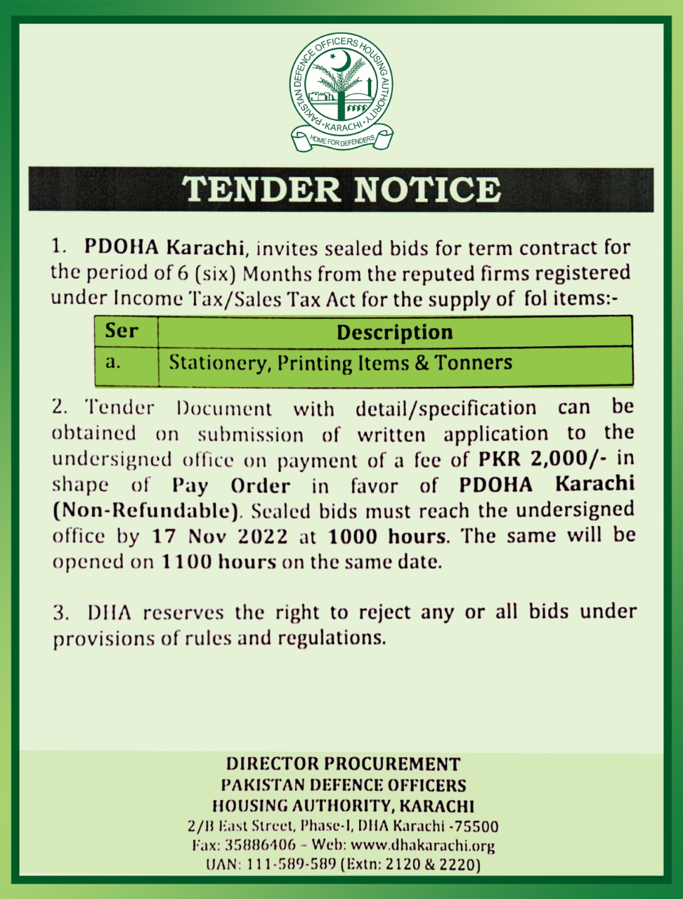 Tender Notice – Stationery, Printing Items and Tonners – DHA Karachi