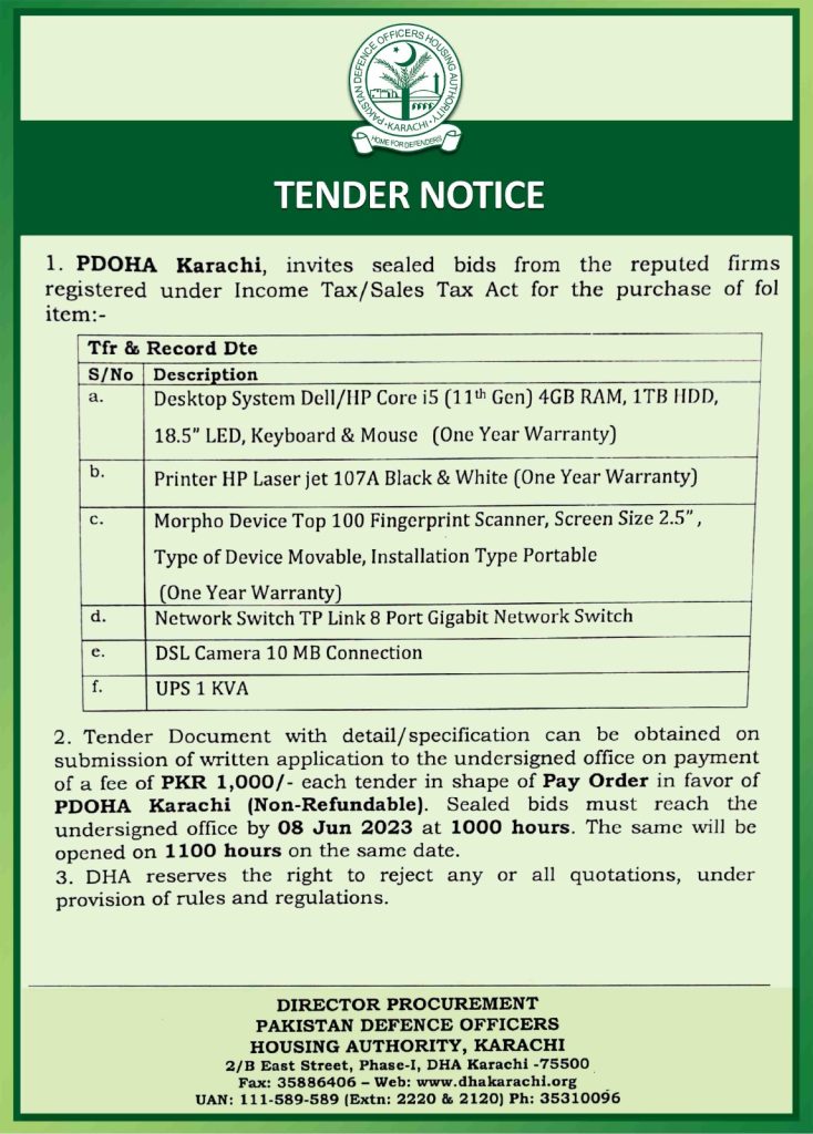 Tender Notice – Computer, Printer, Scanner, and Camera – DHA Karachi