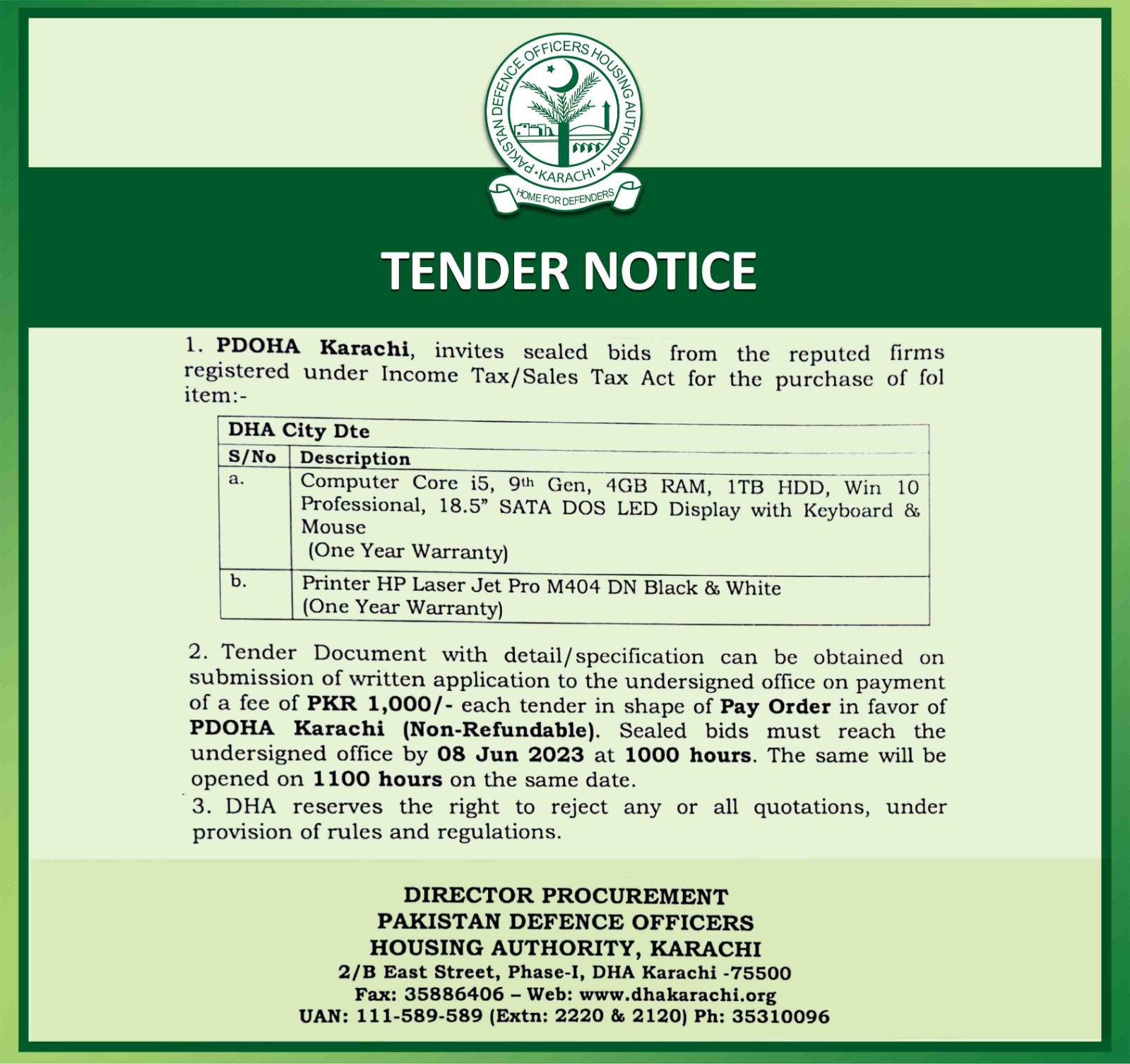 Tender Notice – Computer and Printer – DHA Karachi