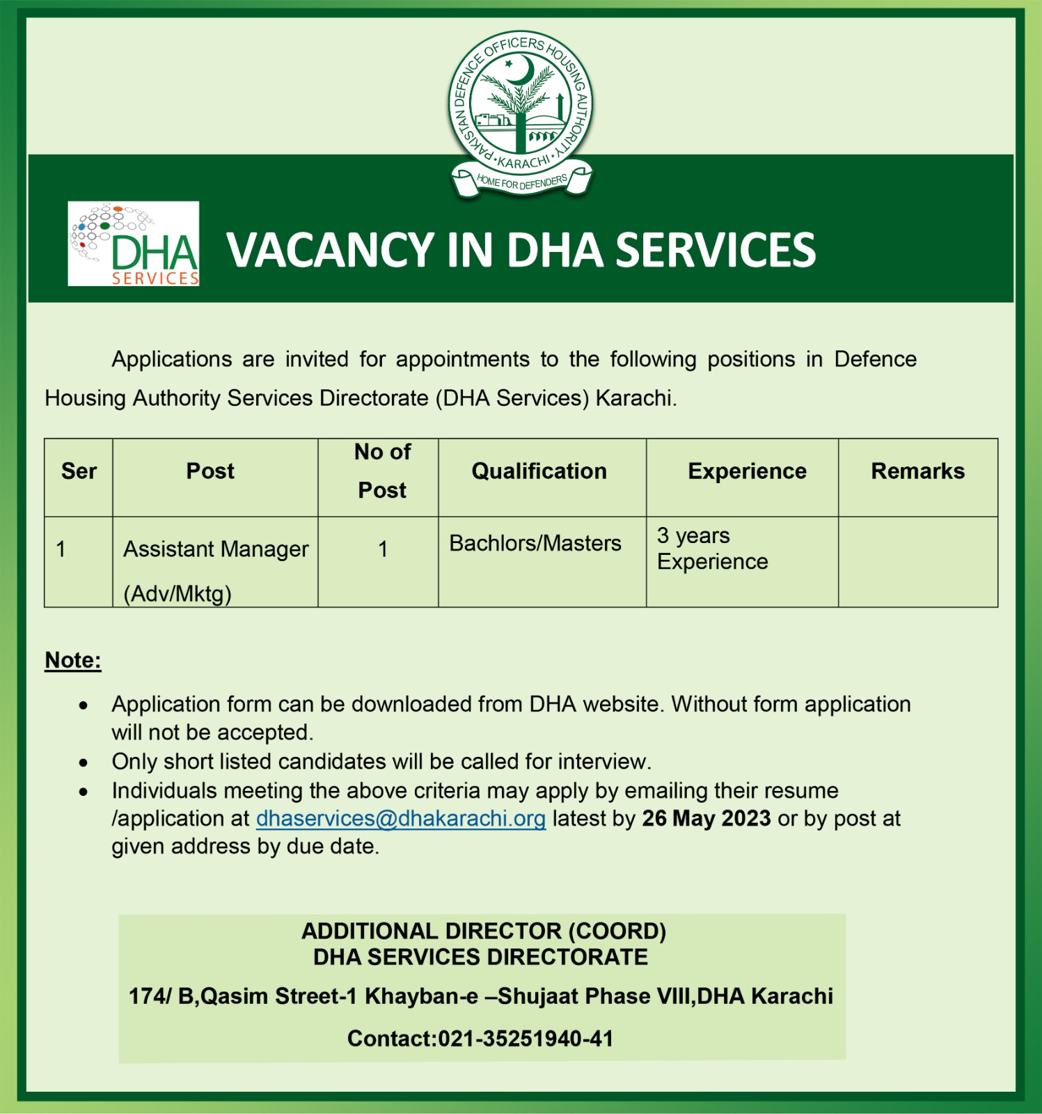 Vacancy in DHA Services – DHA Karachi