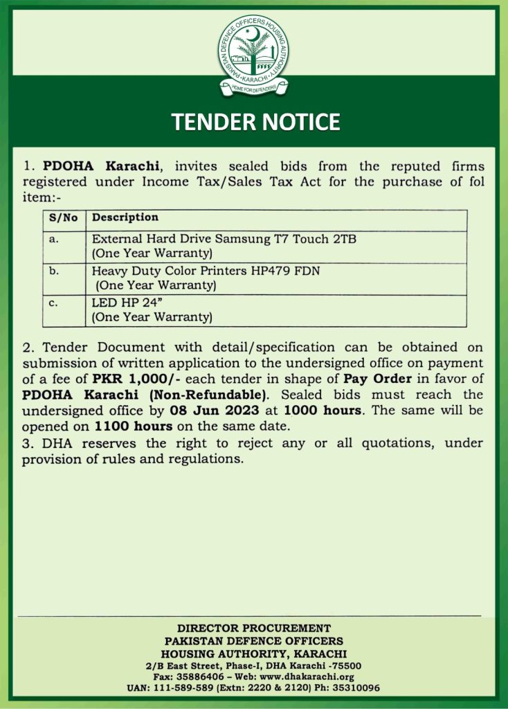 Tender Notice – Printer, Hard Drive and LED – DHA Karachi