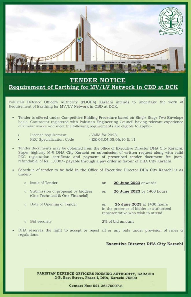 Tender Notice – Requirement of Earthing for MV/LV Network in CBD at DHA ...
