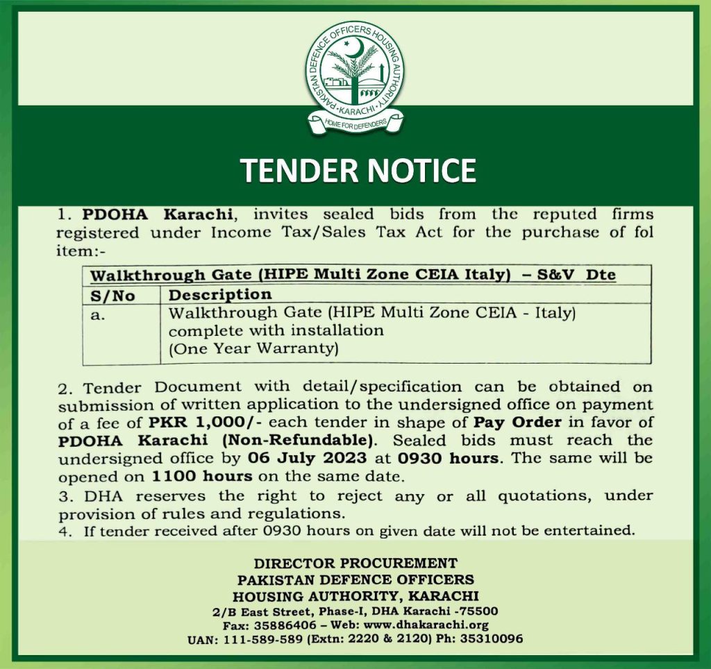 Tender Notice – Walkthrough Gate – DHA Karachi
