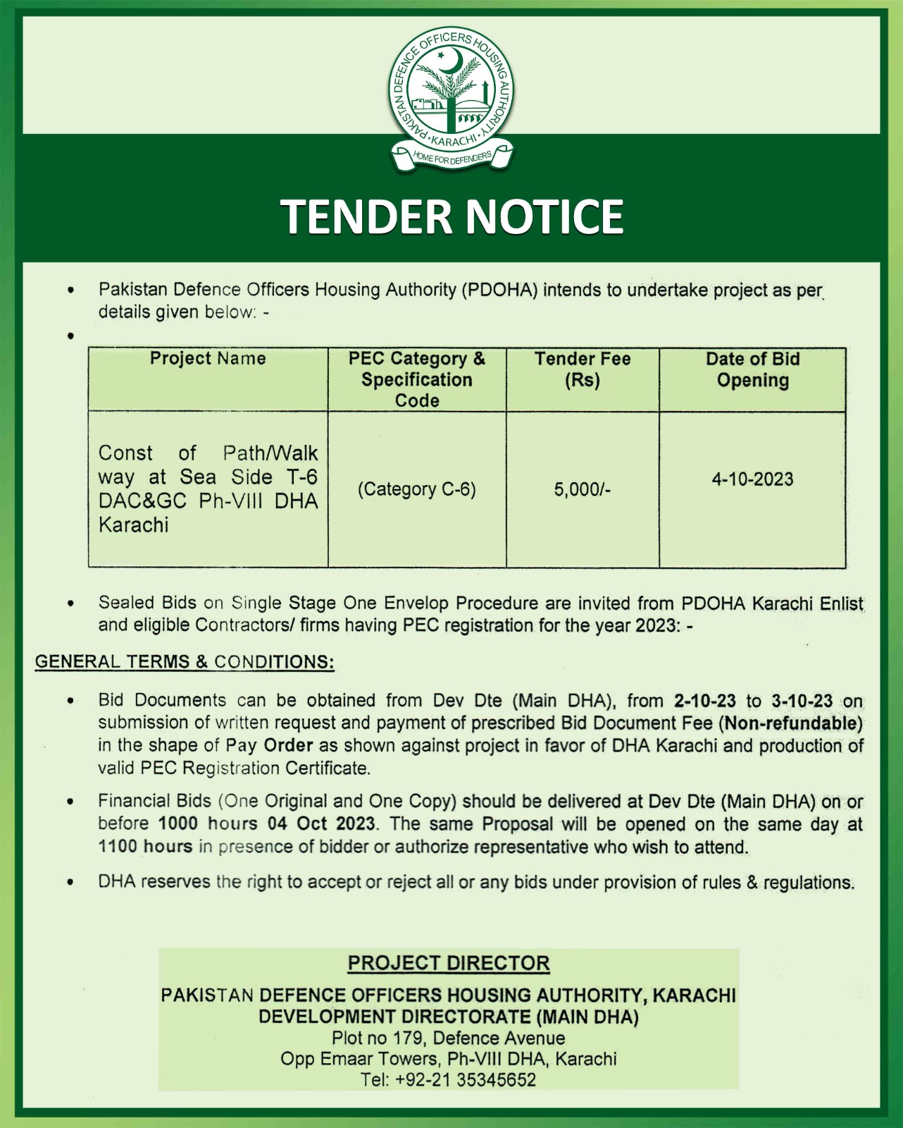 Tender Notice – Construction of Path / Walk way at Sea Side T-6 DAC&GC Phase VIII – DHA Karachi