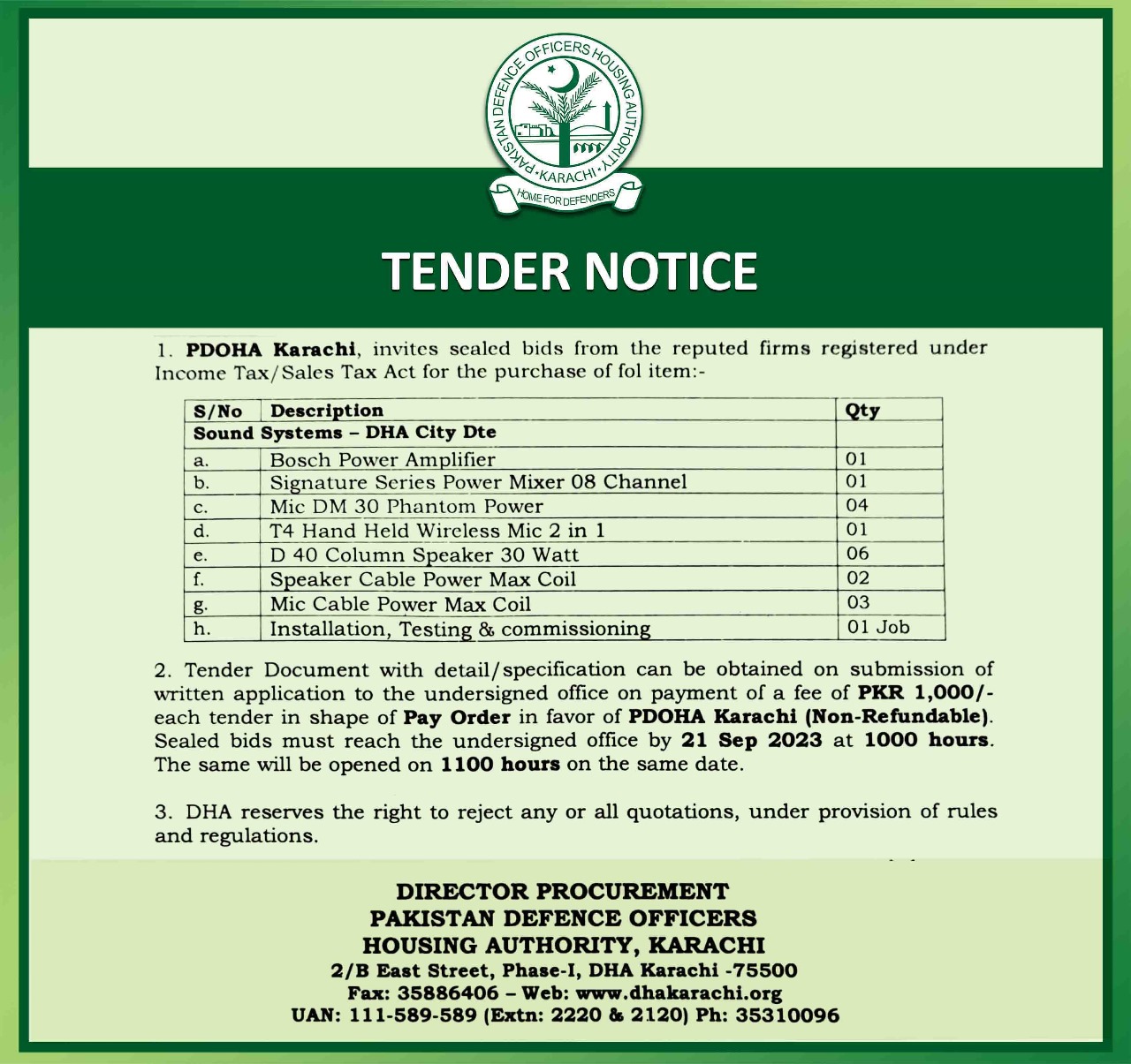 Tenders – DHA Karachi