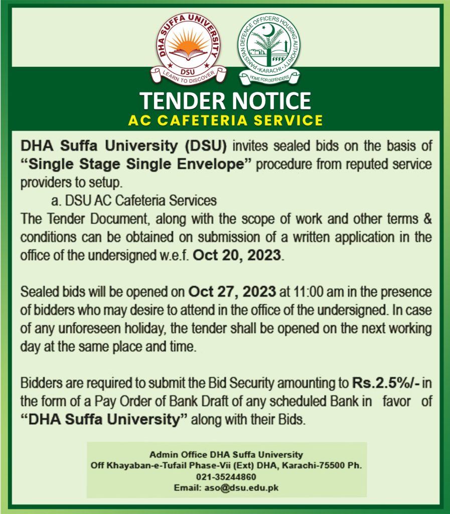 Tender Notice – AC Cafeteria Service – DHA Karachi