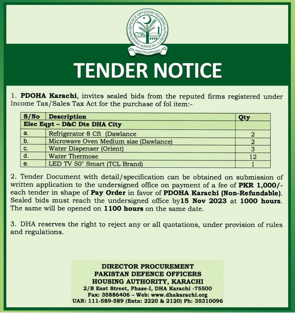 Tender Notice – Electrical Equipment – DHA Karachi