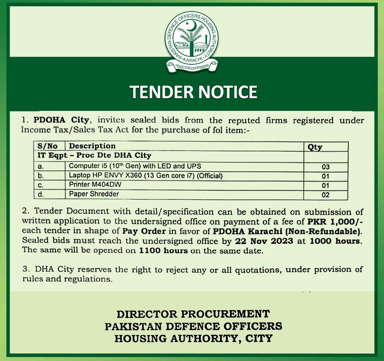Tender Notcie – CCTV Cameras System – DHA Karachi