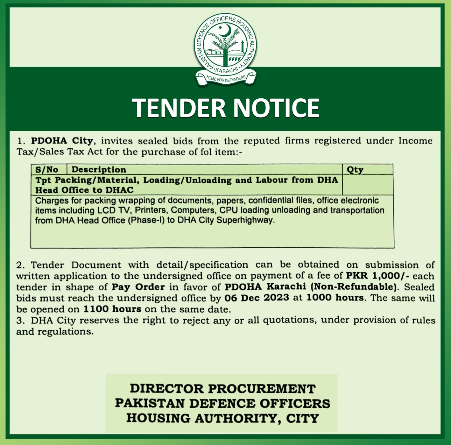 Tender Notice – Packing Material Loading unloading and Labour from DHA ...