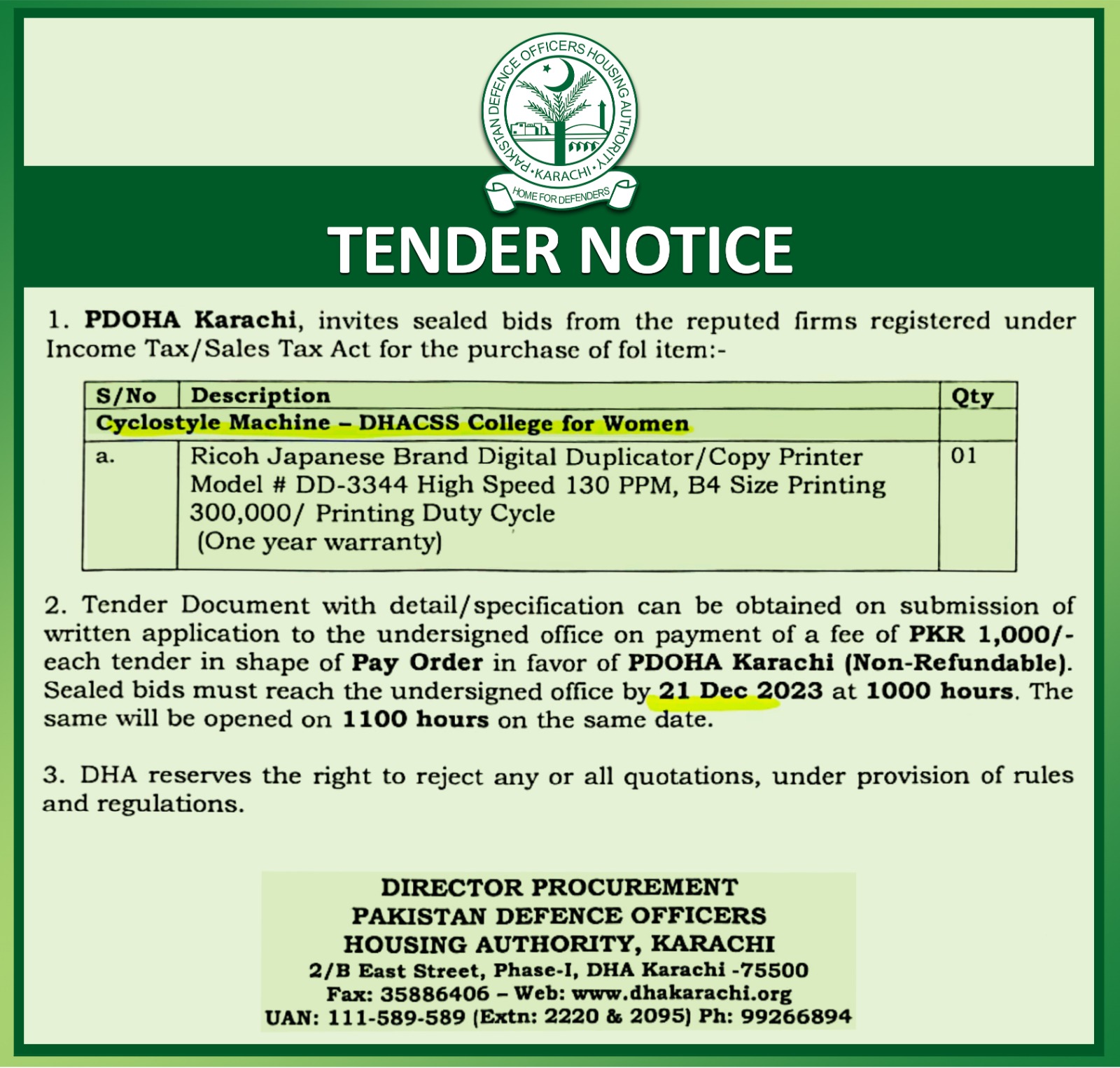 Tender Notice – Cyclostyle Machine – DHA Karachi