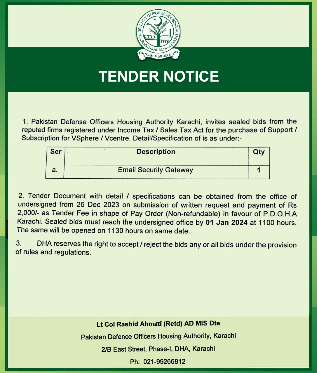 Tender Notice – Email Security Gateway – DHA Karachi