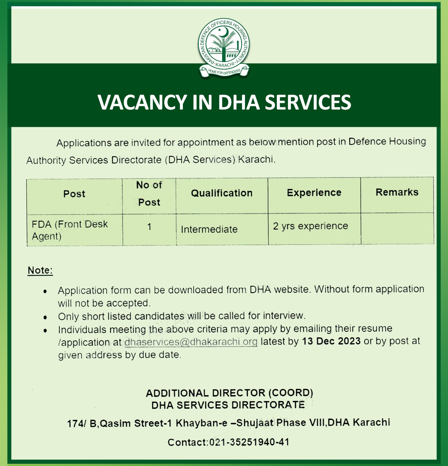 Vacancy in DHA Services – DHA Karachi