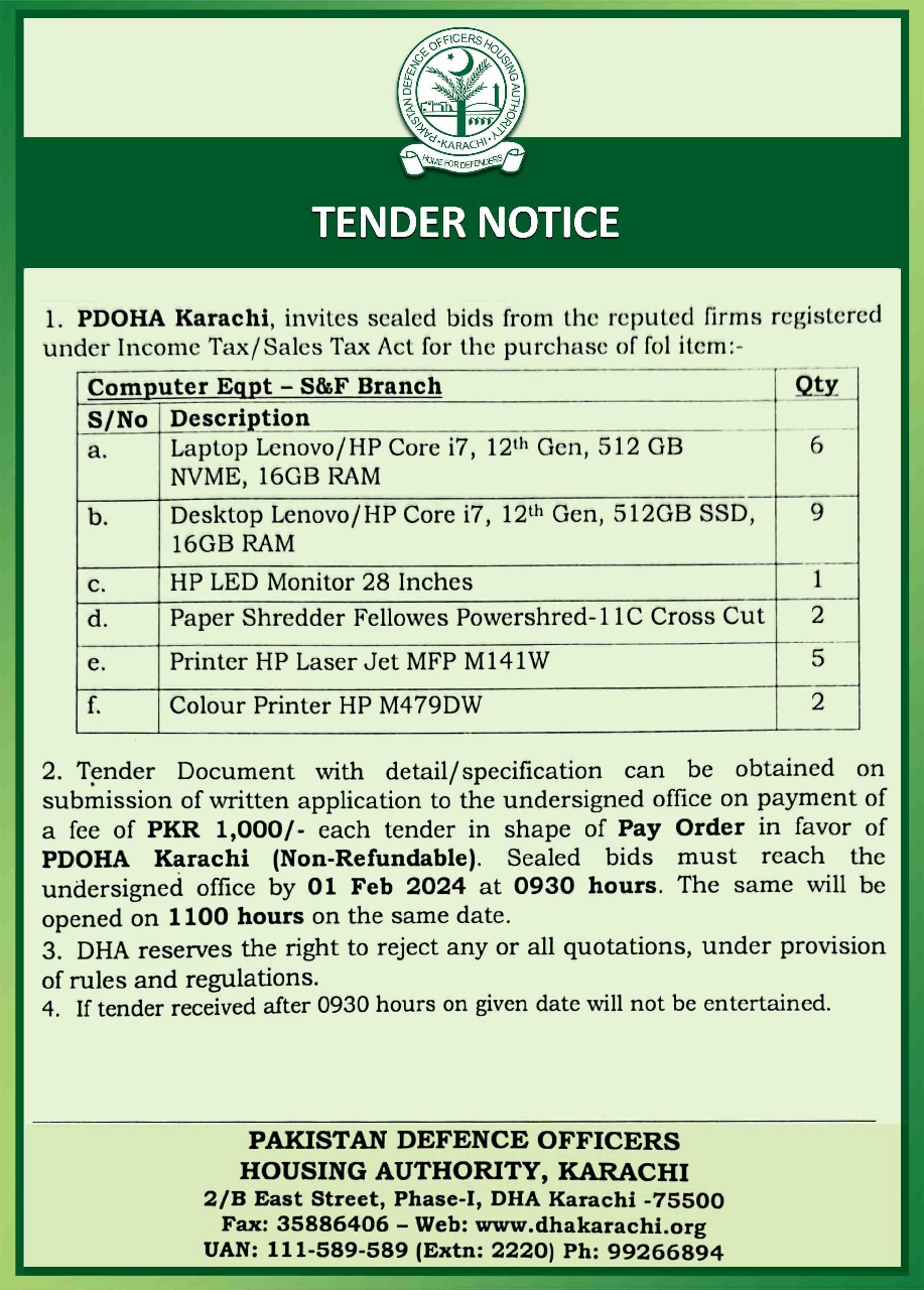 Tender Notice – Computer Equipment – DHA Karachi