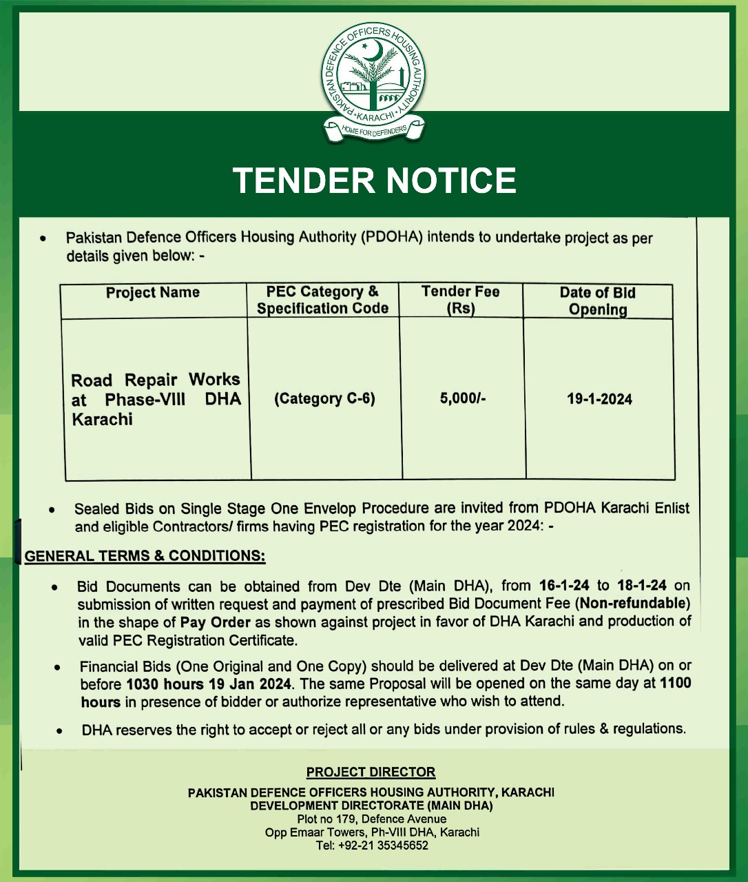 Tender Notice – Road Repair Works at Phase VIII DHA Karachi – DHA Karachi