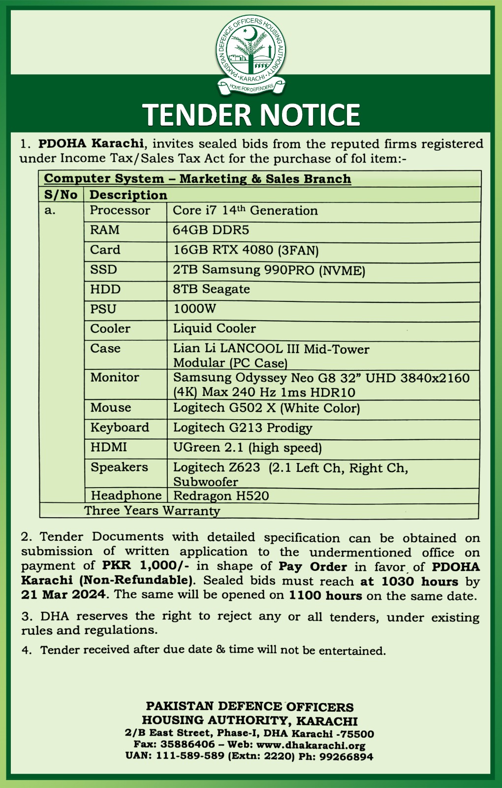 Tender Notice – Computer System – DHA Karachi