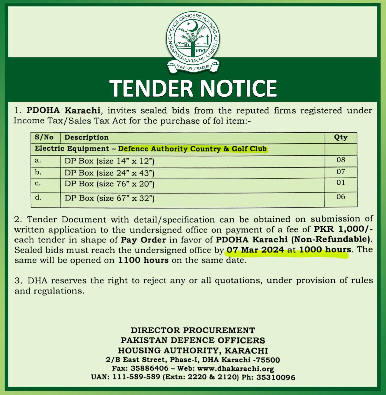 Tenders – DHA Karachi