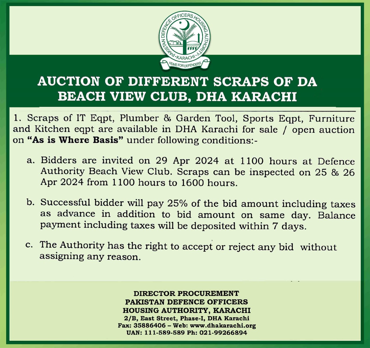 Auction of Different Scraps of DA Beach View Club – DHA Karachi