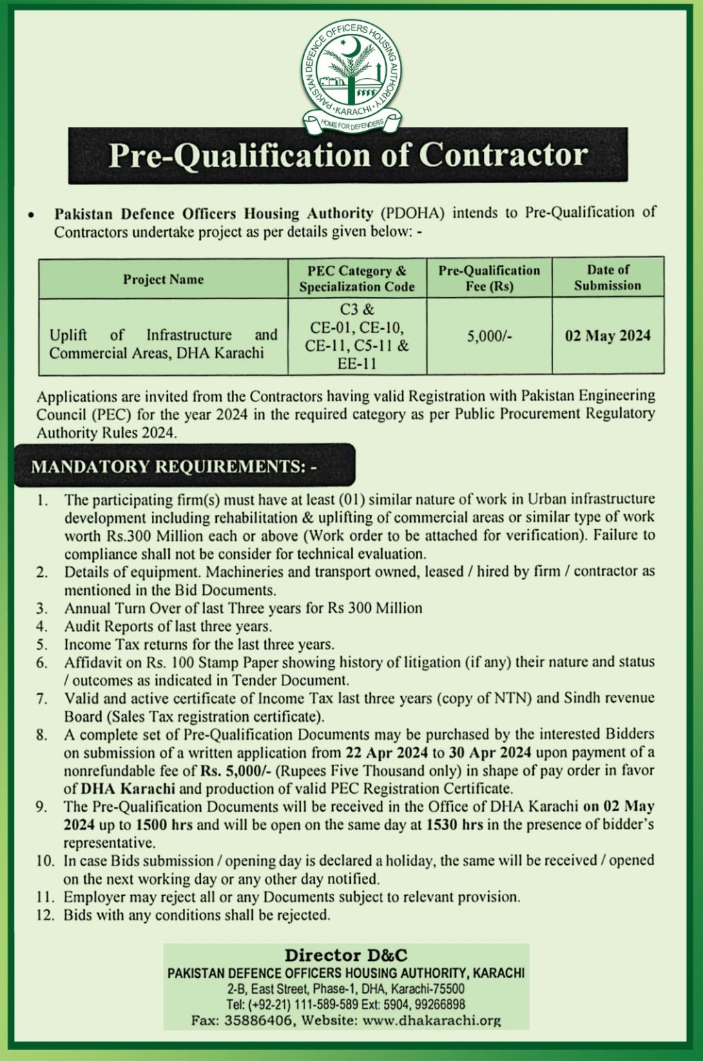 Pre-Qualification of Contractor – DHA Karachi