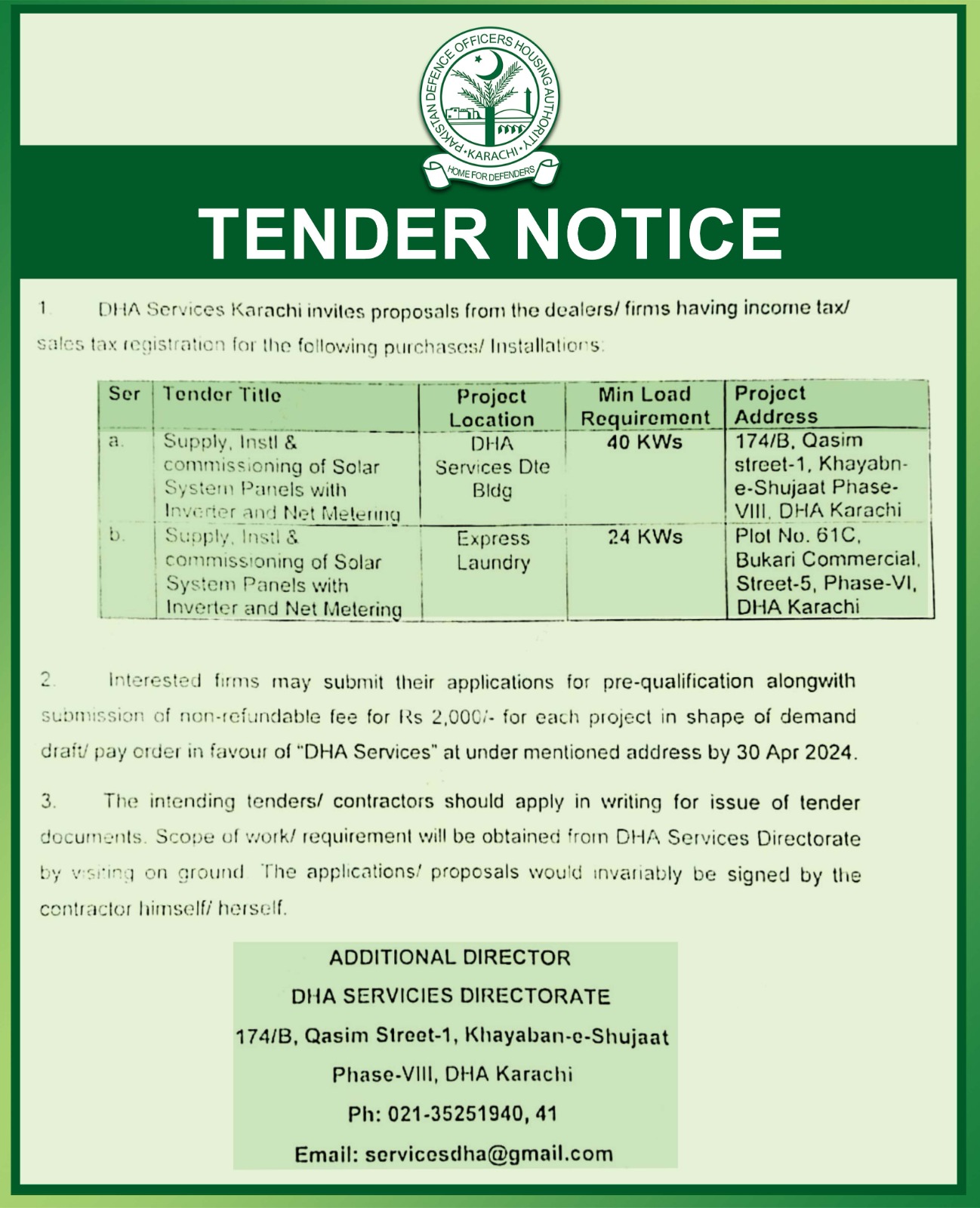 Tender Notice – Supply, Installation & Commissioning of Solar System Panels – DHA Karachi