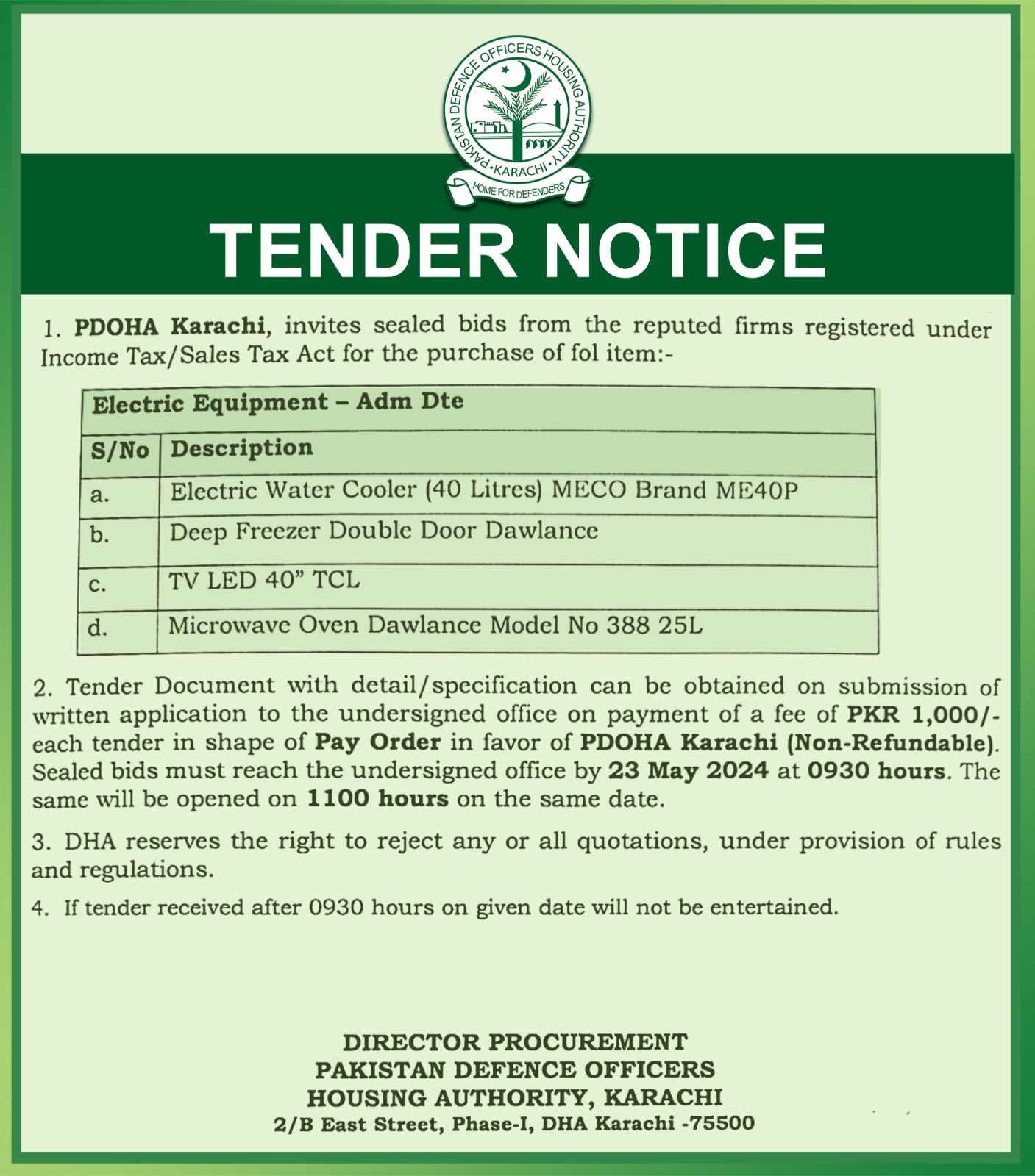 Tenders – DHA Karachi