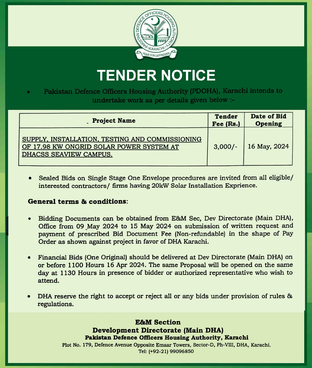 Tenders – DHA Karachi