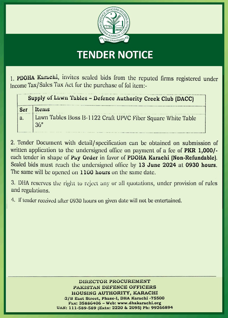 Tender Notice – Supply of Lawn Tables – DHA Karachi