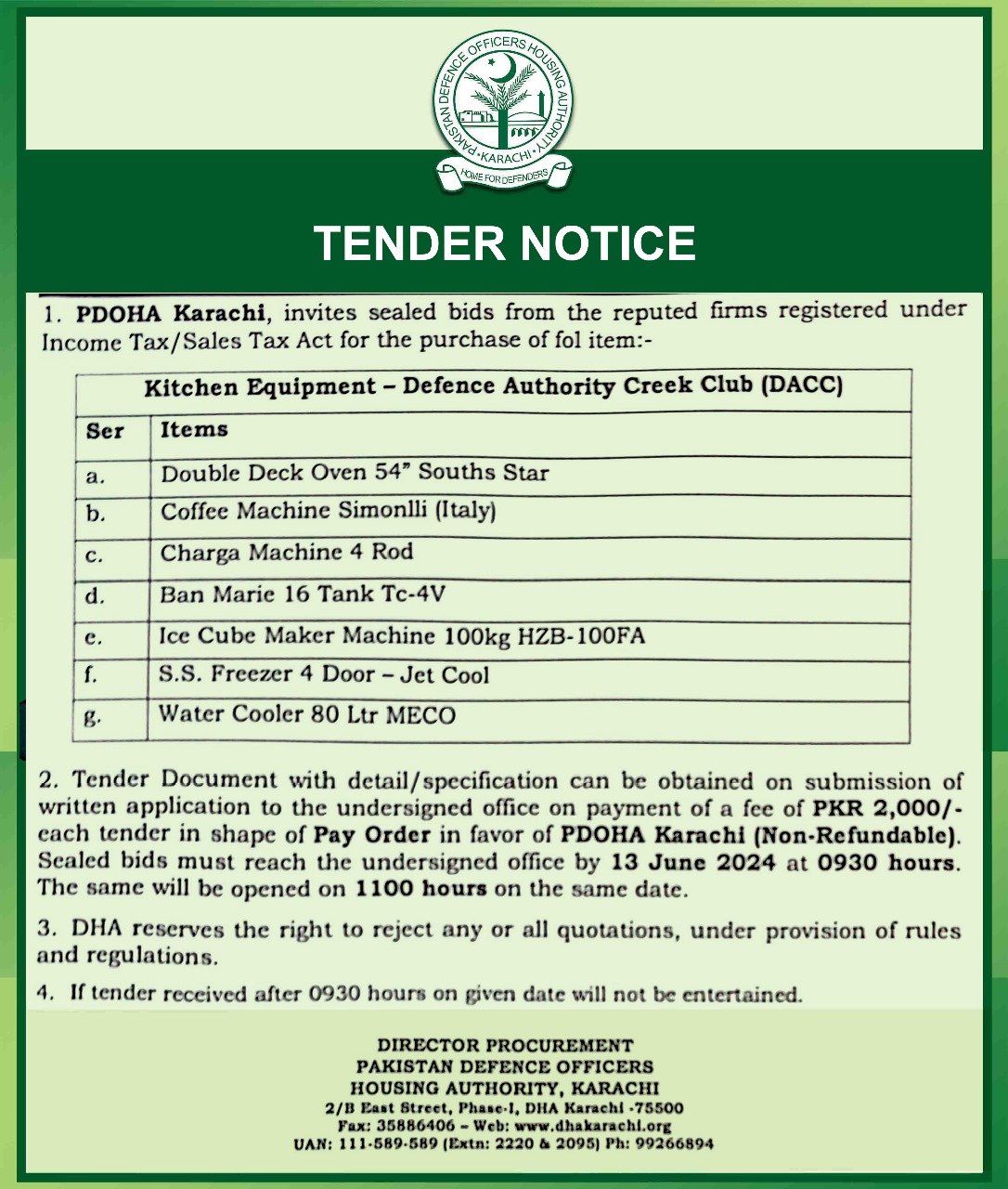 Tender Notice – Kitchen Equipment – DHA Karachi