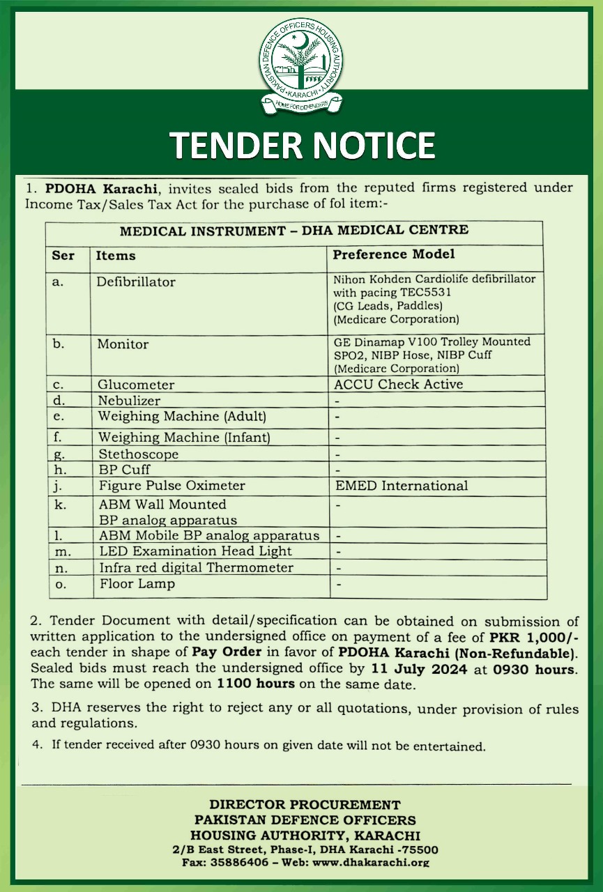 Tender Notice – Medical Instrument – DHA Karachi