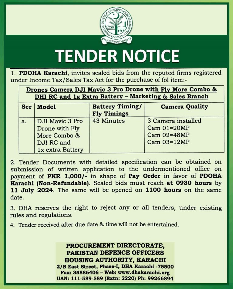 Tender Notice – Drones Camera – DHA Karachi