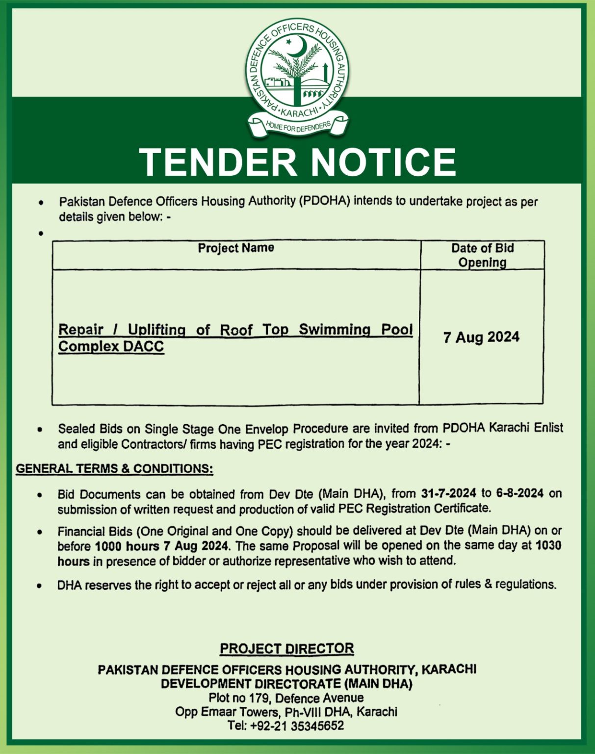 Tender Notice – Repair Uplifting of Roof Top Swimming Pool Complex DACC ...