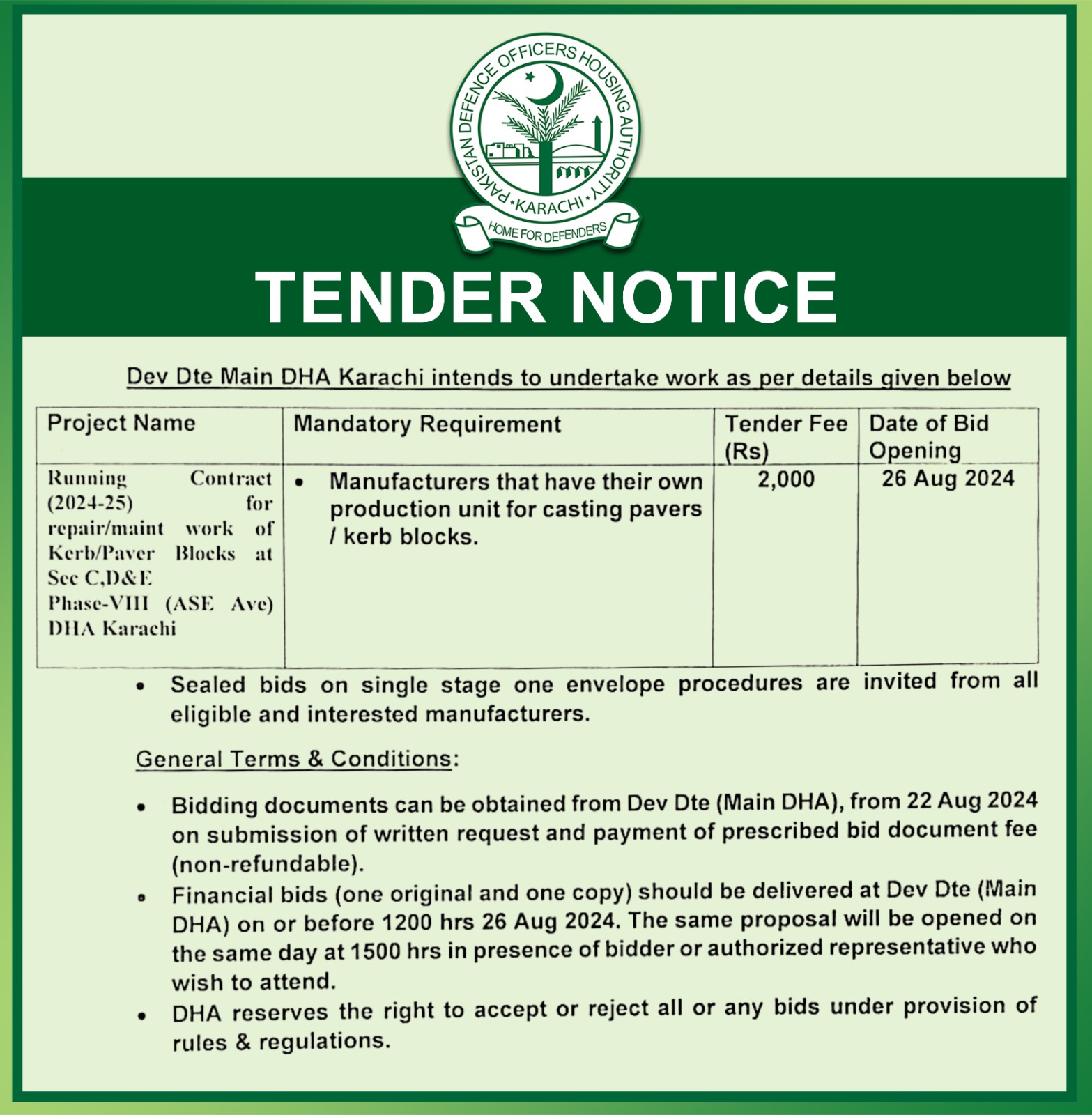 Tender Notice – Repair / Maintenance work of Kerb / Paver Blocks – DHA ...
