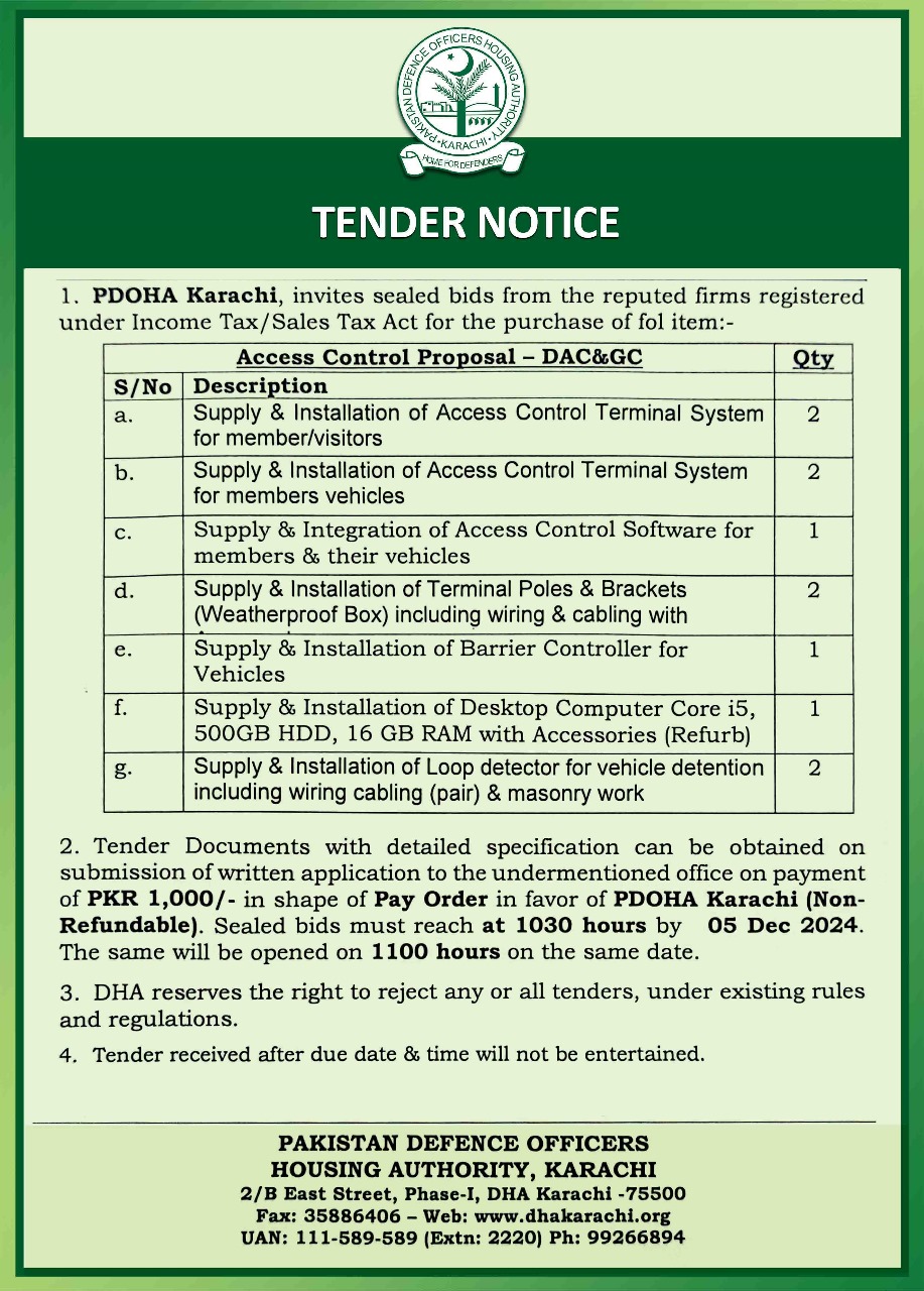 Tender Notice – Access Control Proposal – DHA Karachi
