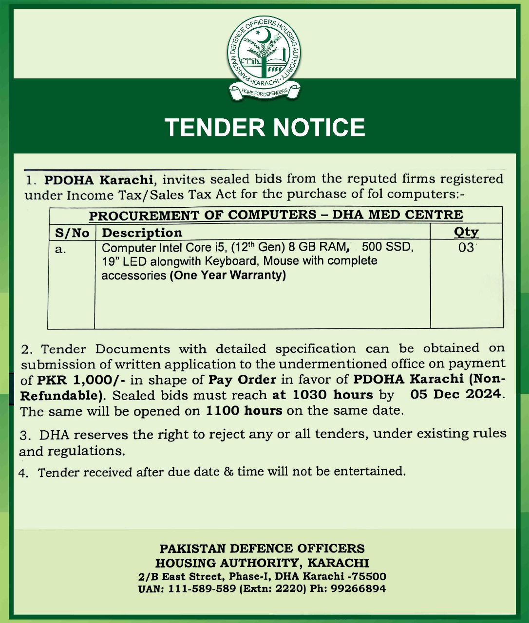 Tender Notice – Computer – DHA Karachi