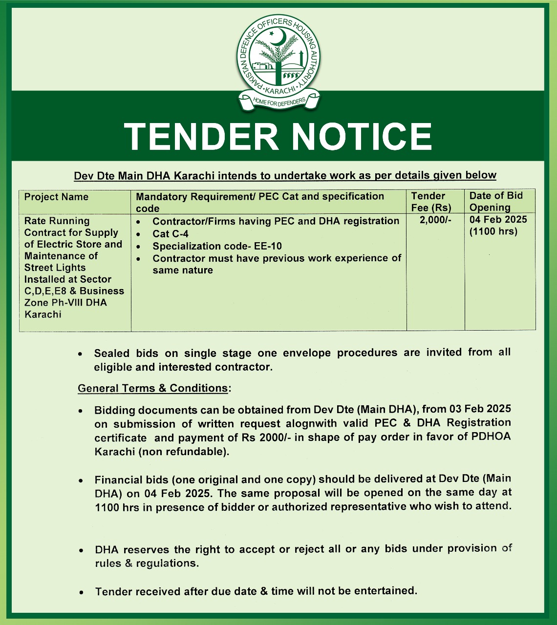 Tenders – DHA Karachi