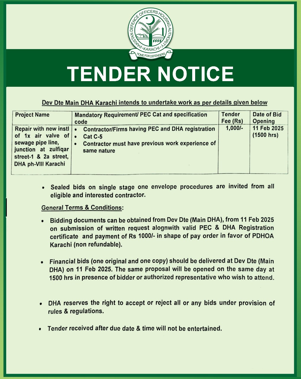 Tenders – DHA Karachi