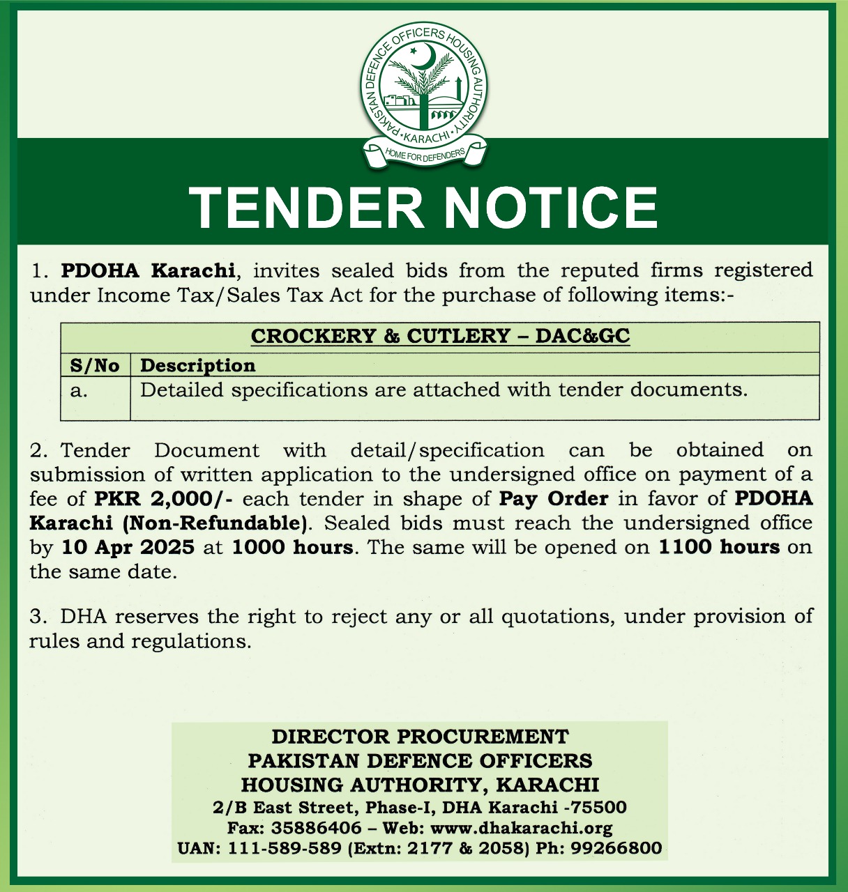 Tenders – DHA Karachi
