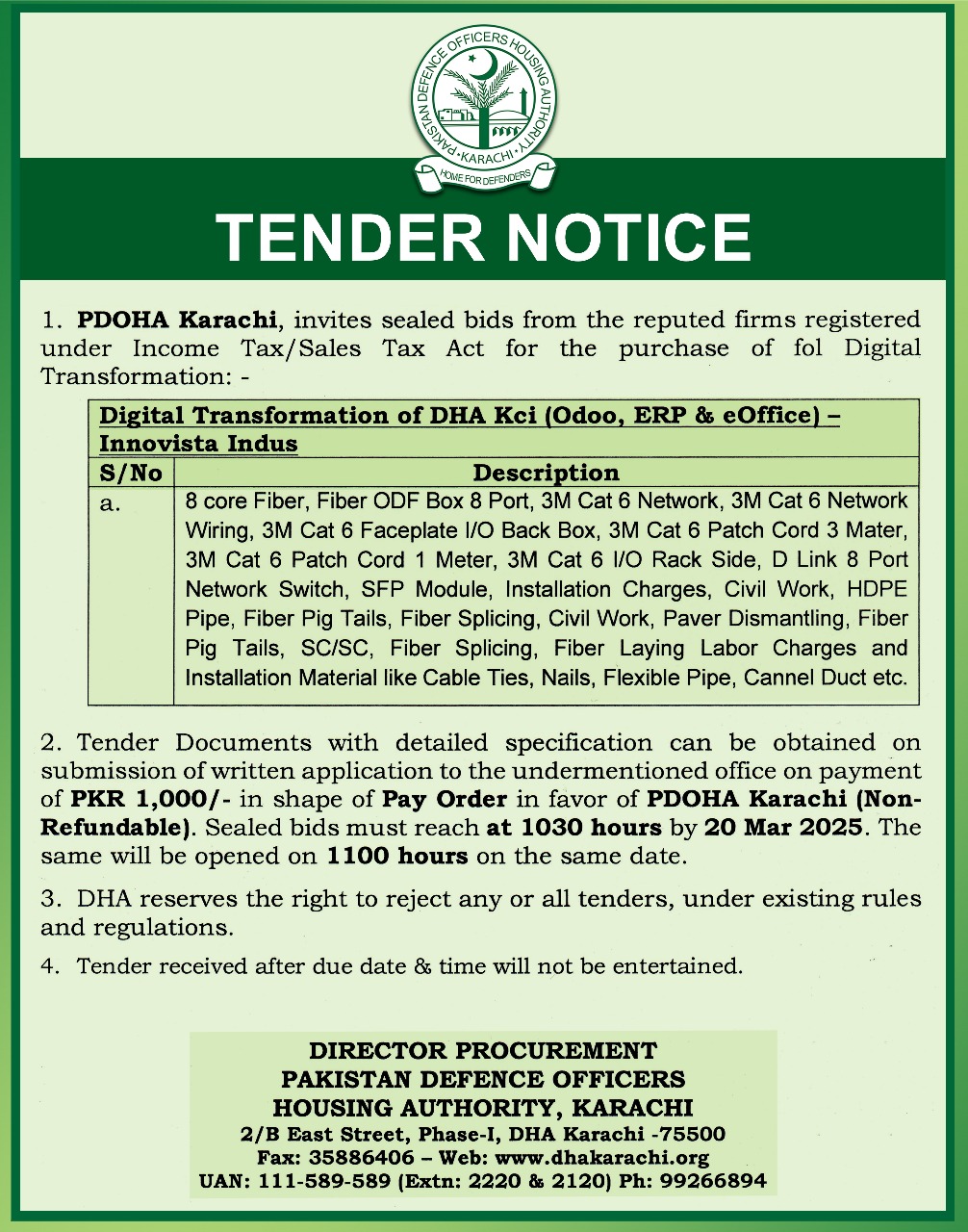 Tender Notice – Digital Transformation of DHA Kci – DHA Karachi