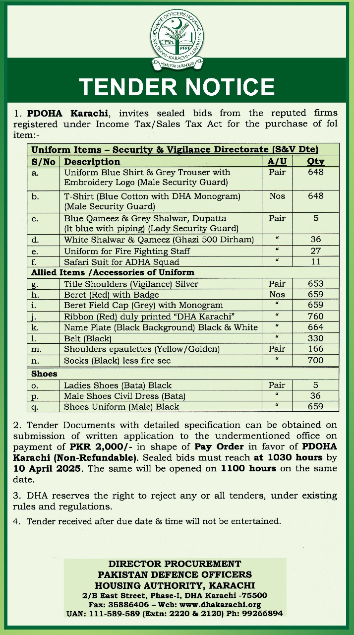 Tenders – DHA Karachi