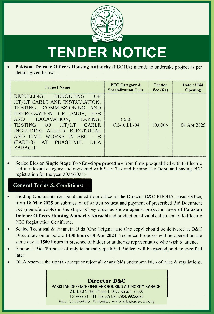 Tender Notice – Repulling, Rerouting of HT/LT Cable, Including Allied ...