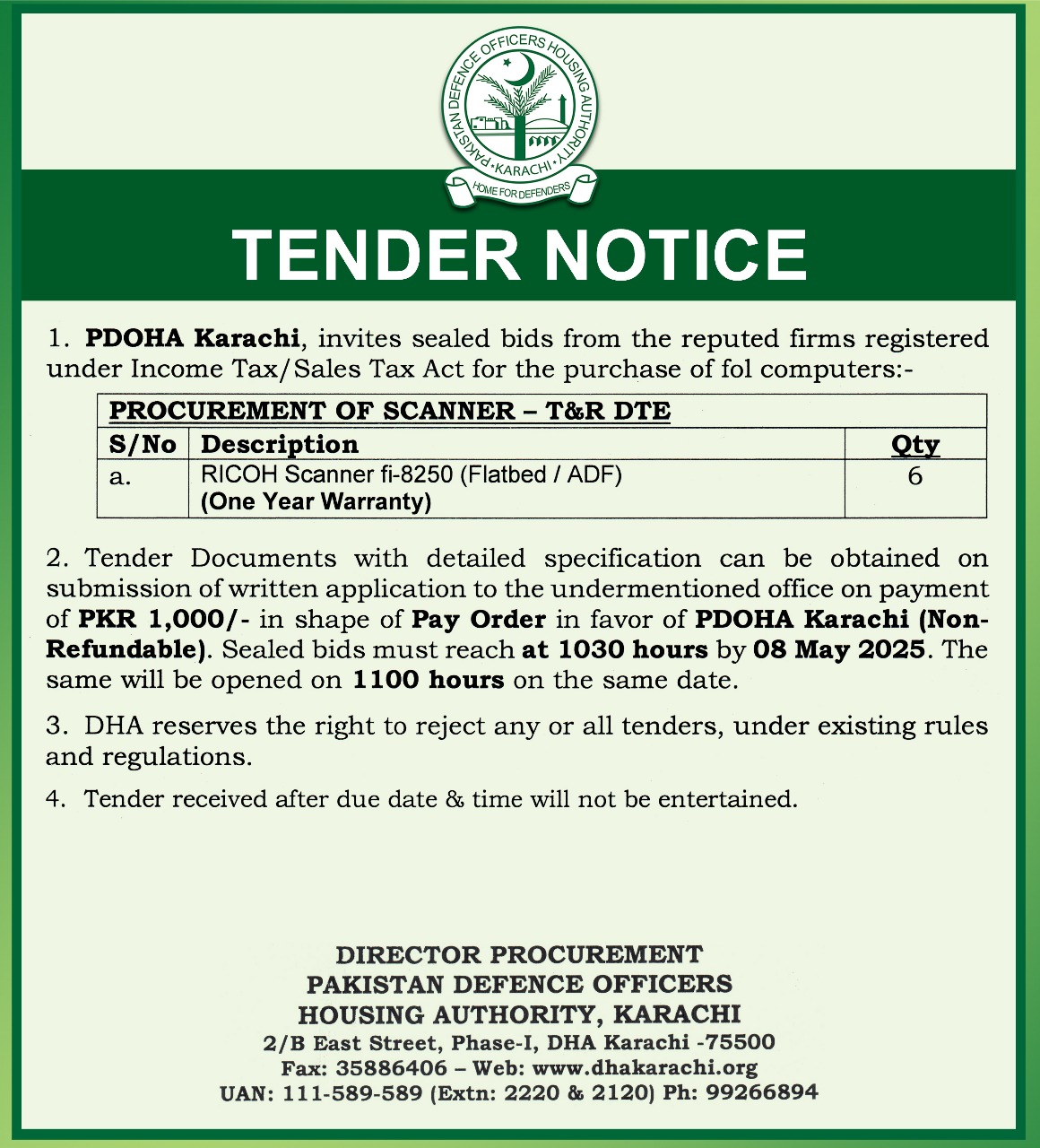 Tender Notice – Procurement of Scanner – DHA Karachi