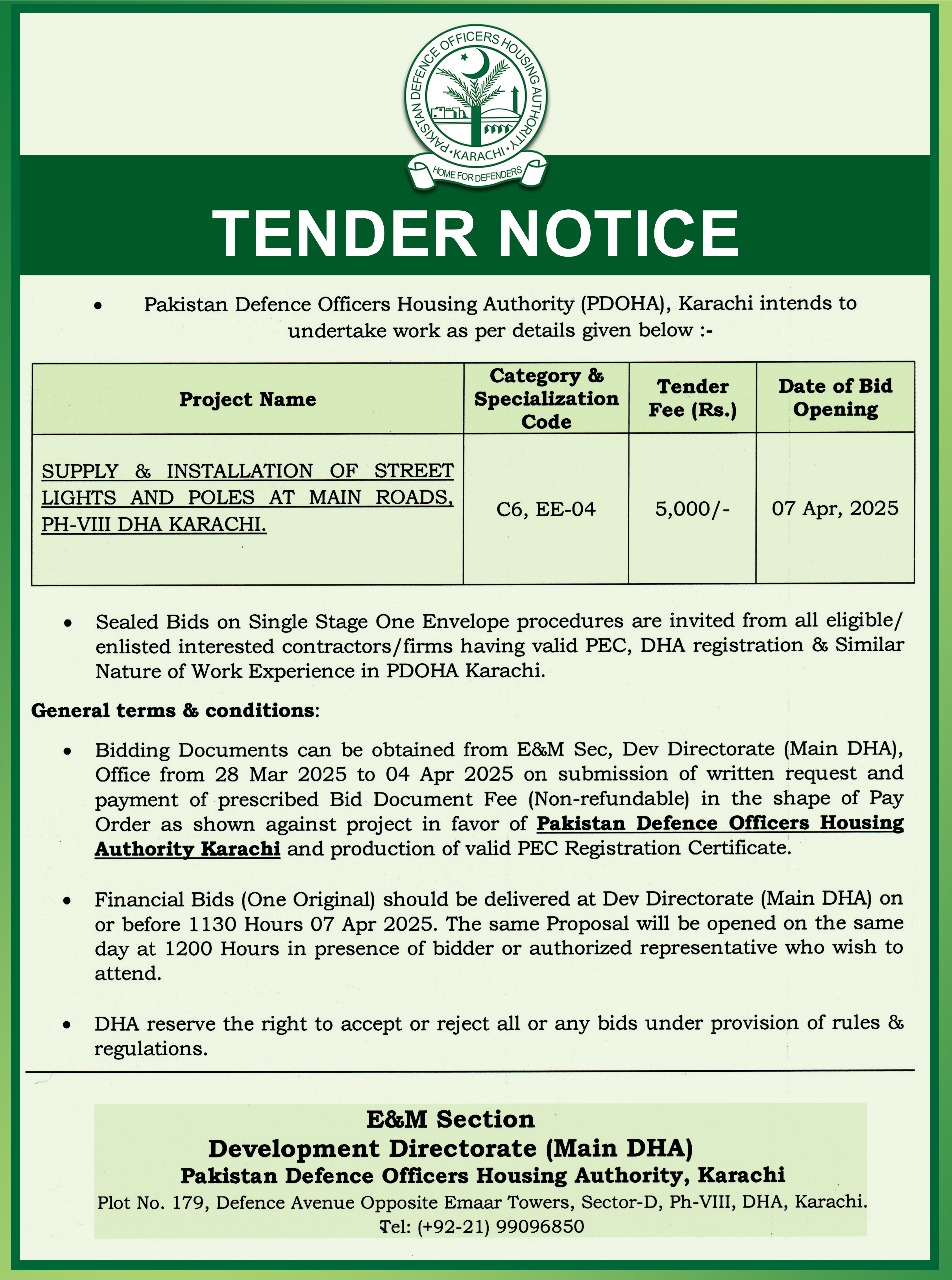 Tender Notice – Supply & Installation of Street Lights and Poles at ...