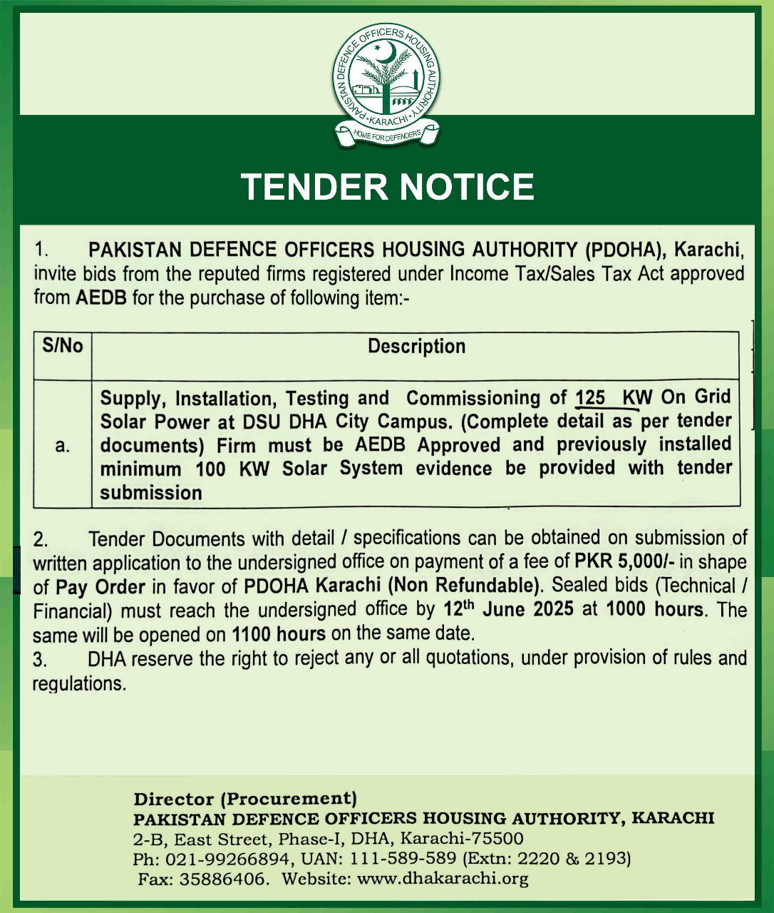 Tender Notice – Supply Installation Testing and Commissioning of 125 KW ...