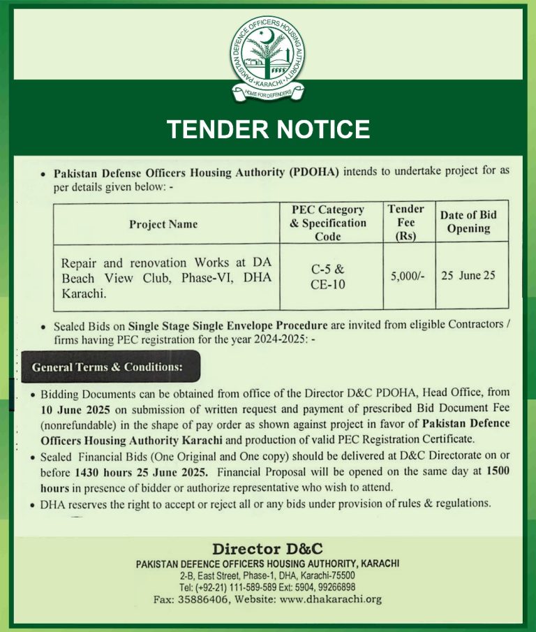 Tender Notice – Repair and Renovation Works at DA Beach View Club – DHA ...