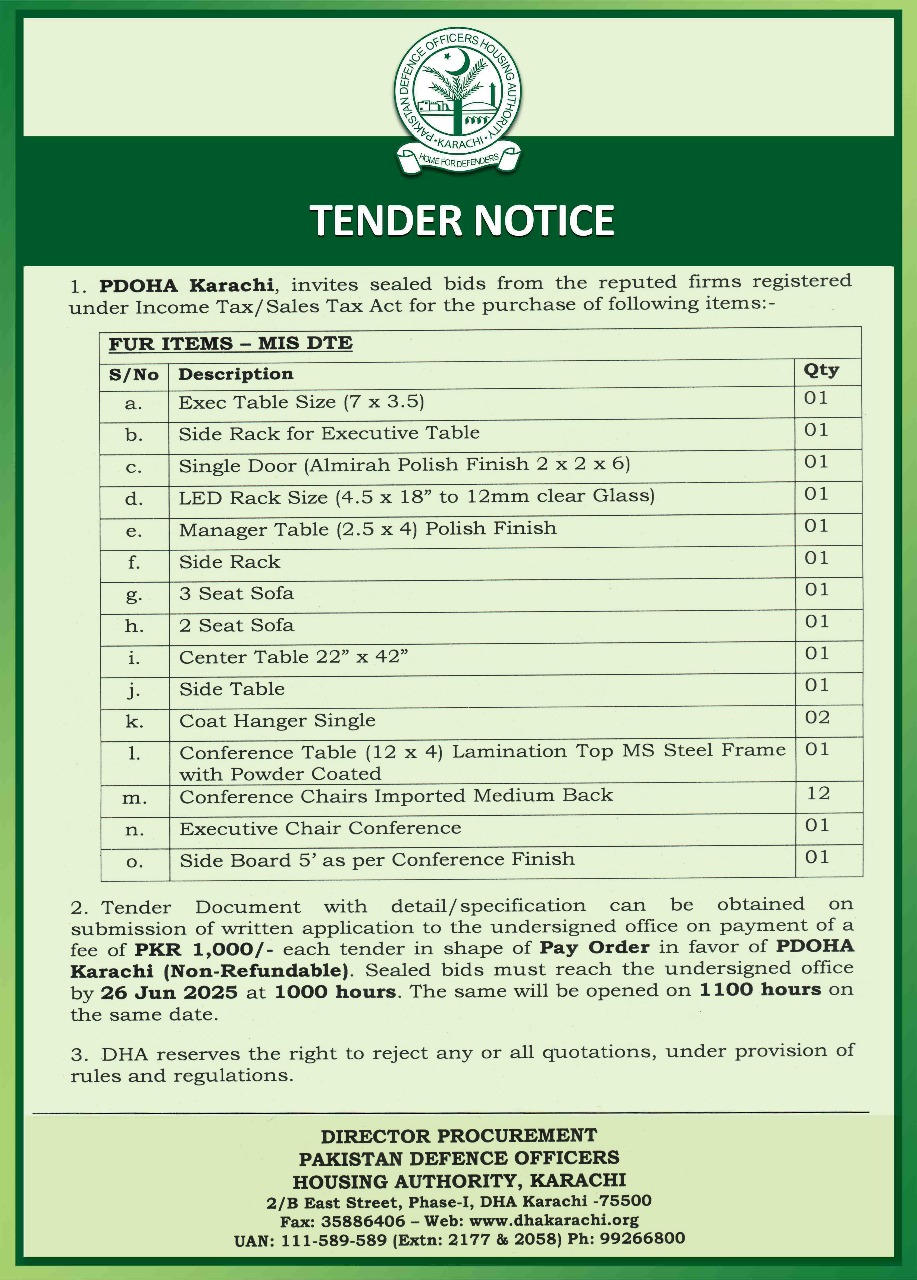 Tender Notice – Furniture Items – DHA Karachi